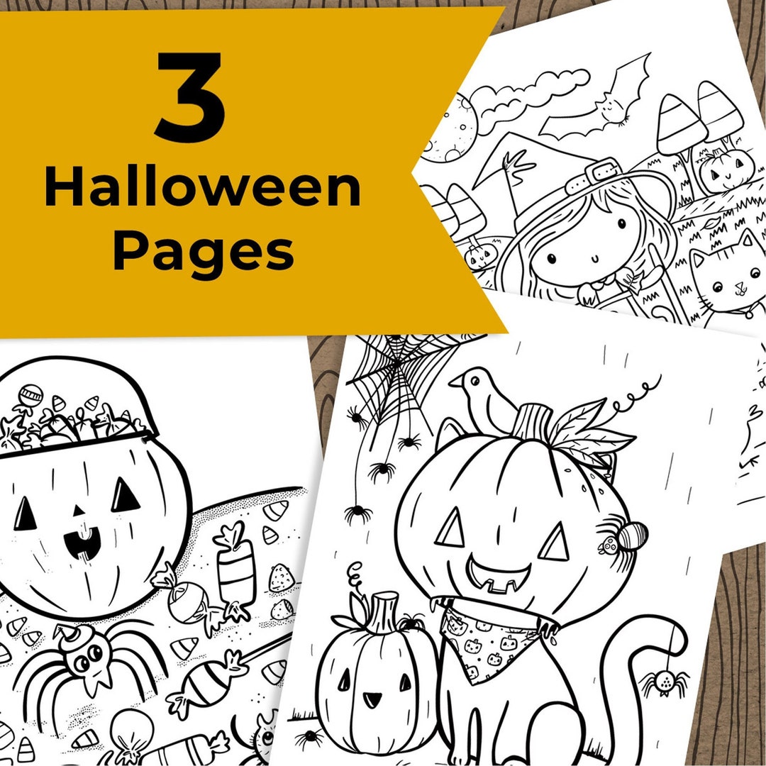 3 Cute Halloween Coloring Pages, Kids Downloadable Coloring Pages, - Etsy