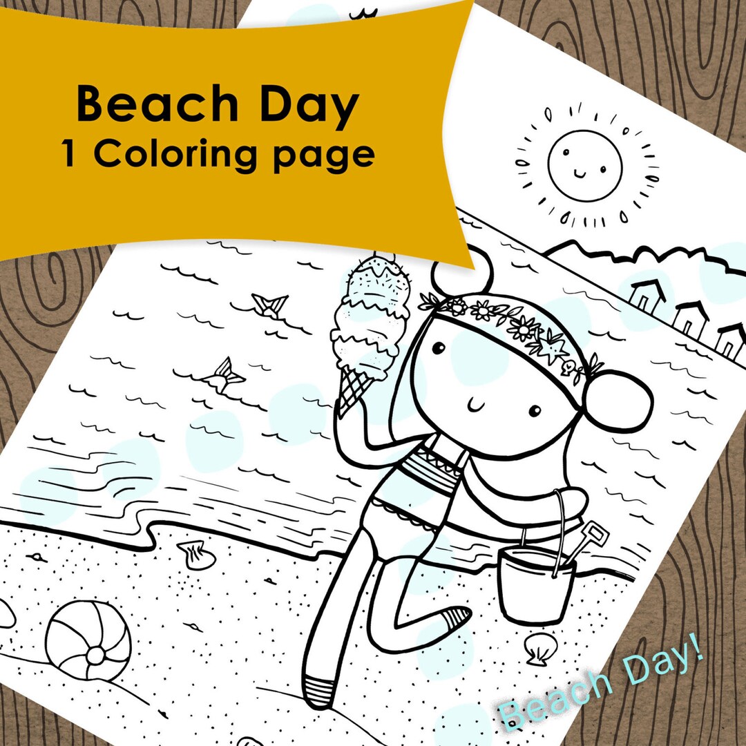 Beach Day Coloring Page, Kids Coloring Page - Etsy