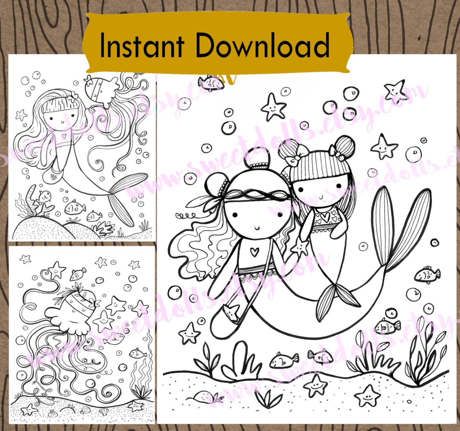 3 Mermaid Coloring Pages Under the Sea Ocean Fun Mermaid | Etsy