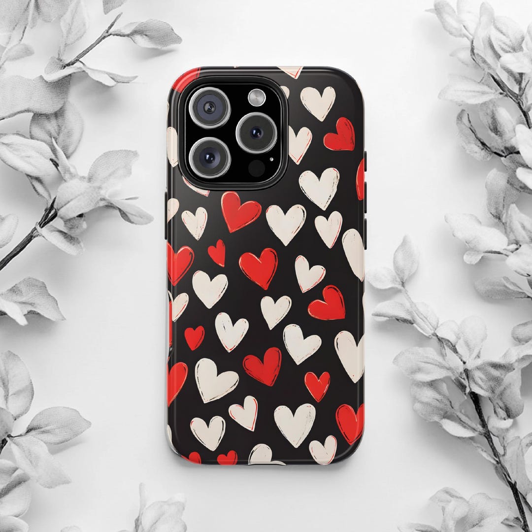 Red White Doodle Style Heart Pattern Phone Case | Cute Hand-drawn ...
