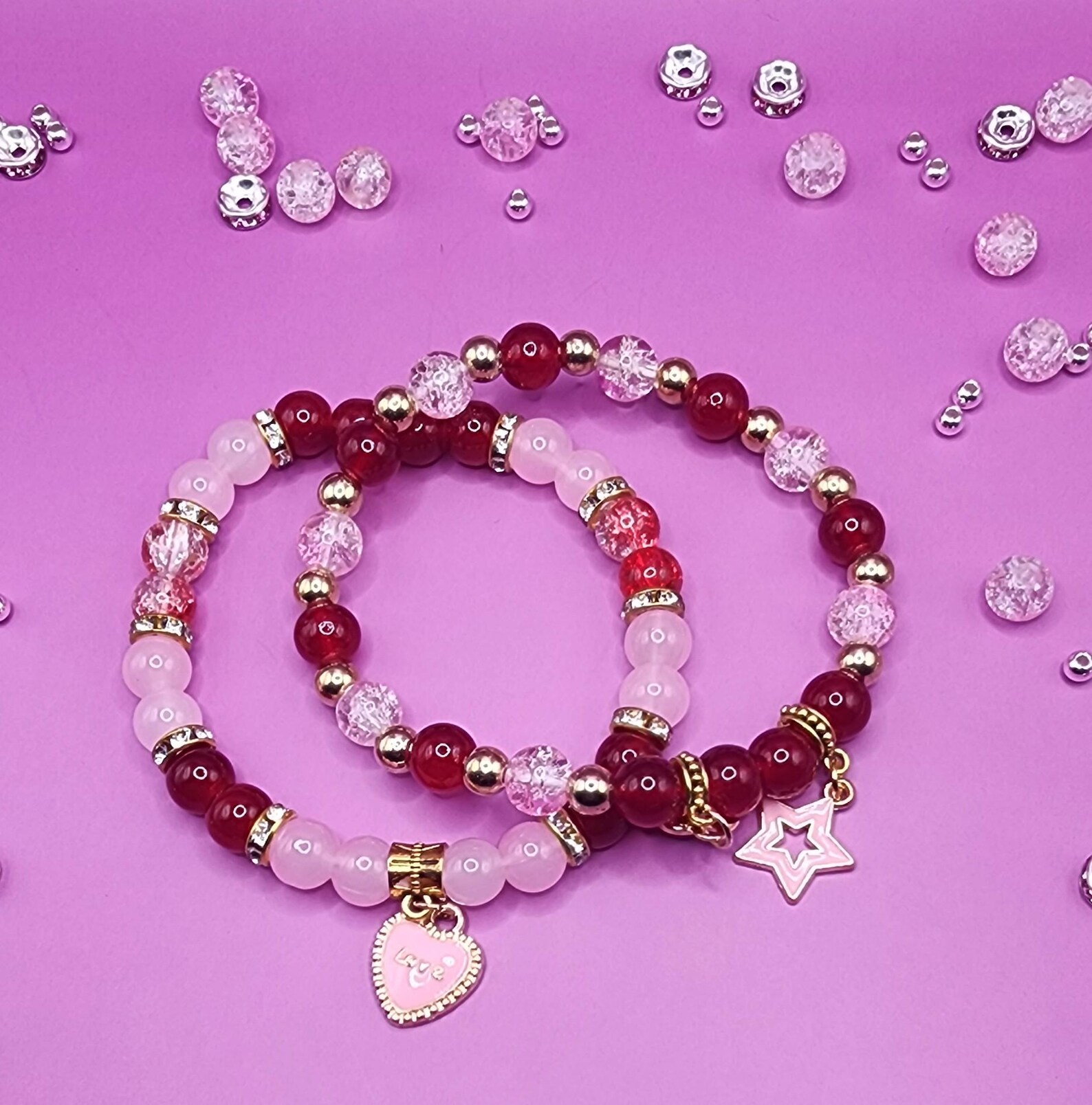Valentine's Day Bracelet. Pink, and Red Glass Beaded Stretch Bracelet ...