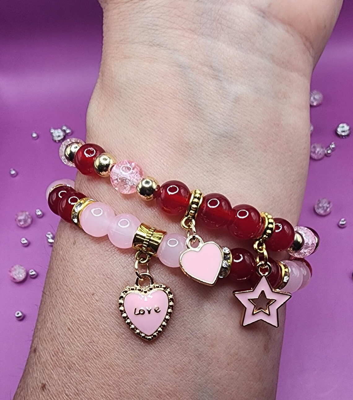 Valentine's Day Bracelet. Pink, and Red Glass Beaded Stretch Bracelet ...