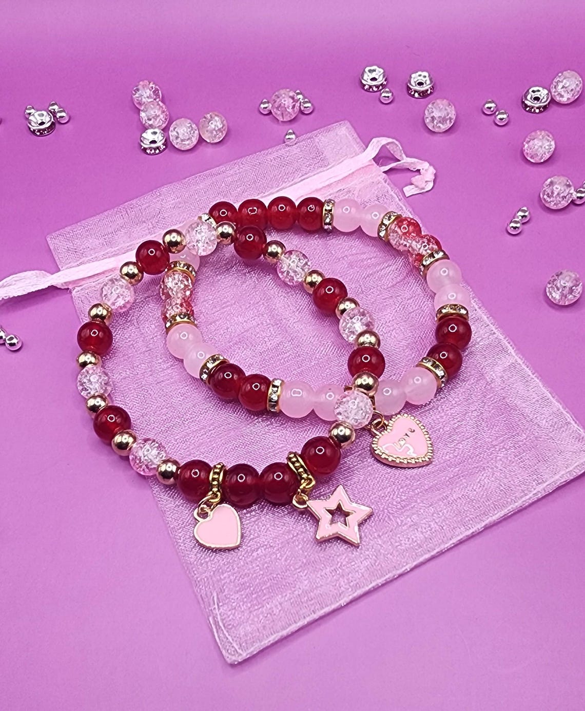 Valentine's Day Bracelet. Pink, and Red Glass Beaded Stretch Bracelet ...