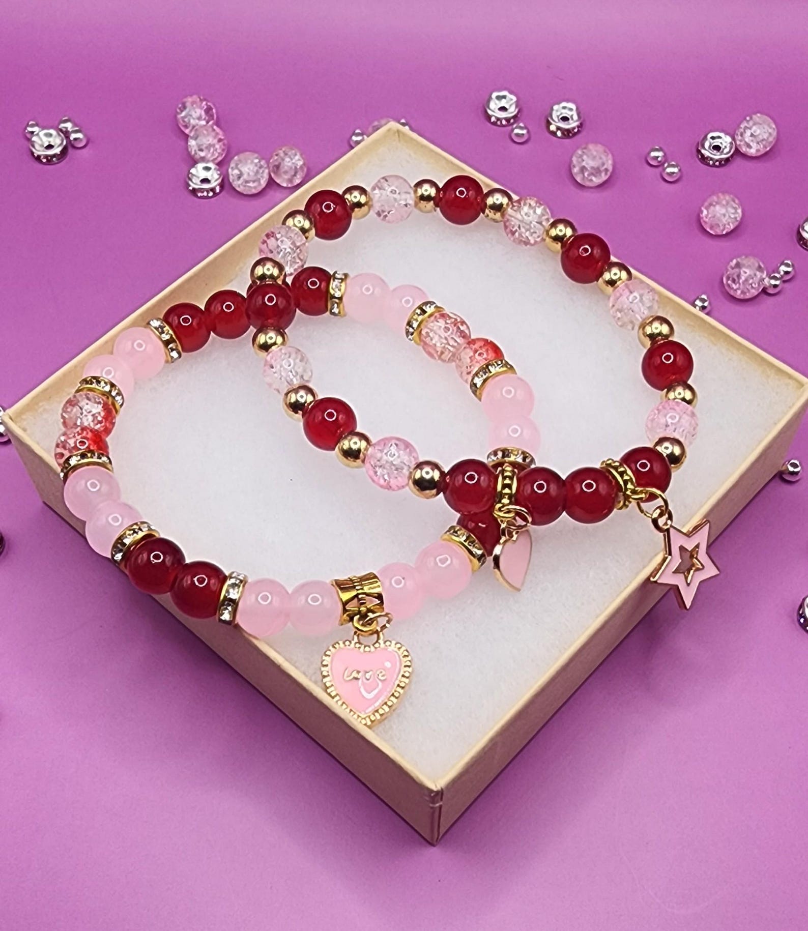 Valentine's Day Bracelet. Pink, and Red Glass Beaded Stretch Bracelet ...