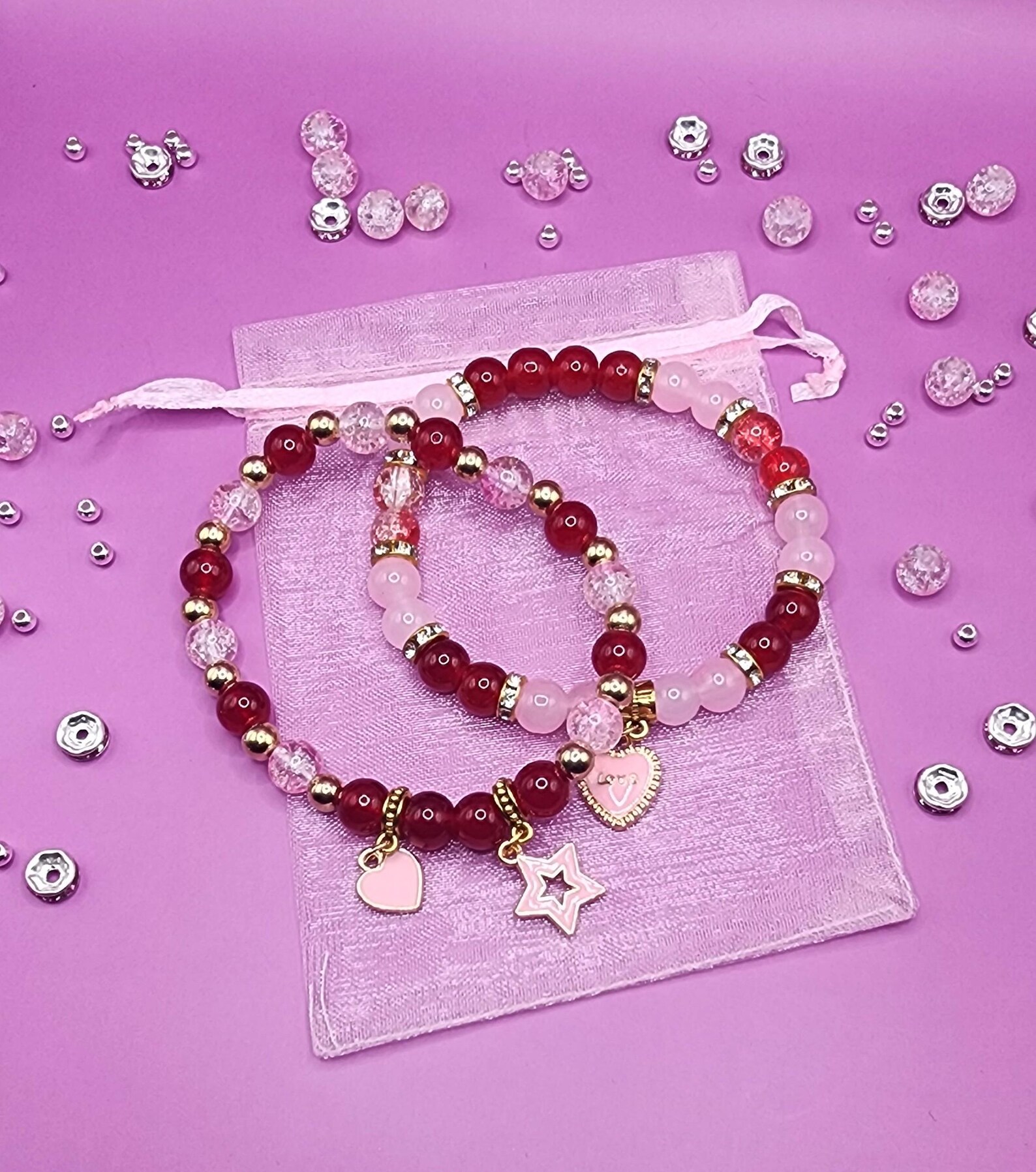 Valentine's Day Bracelet. Pink, and Red Glass Beaded Stretch Bracelet ...