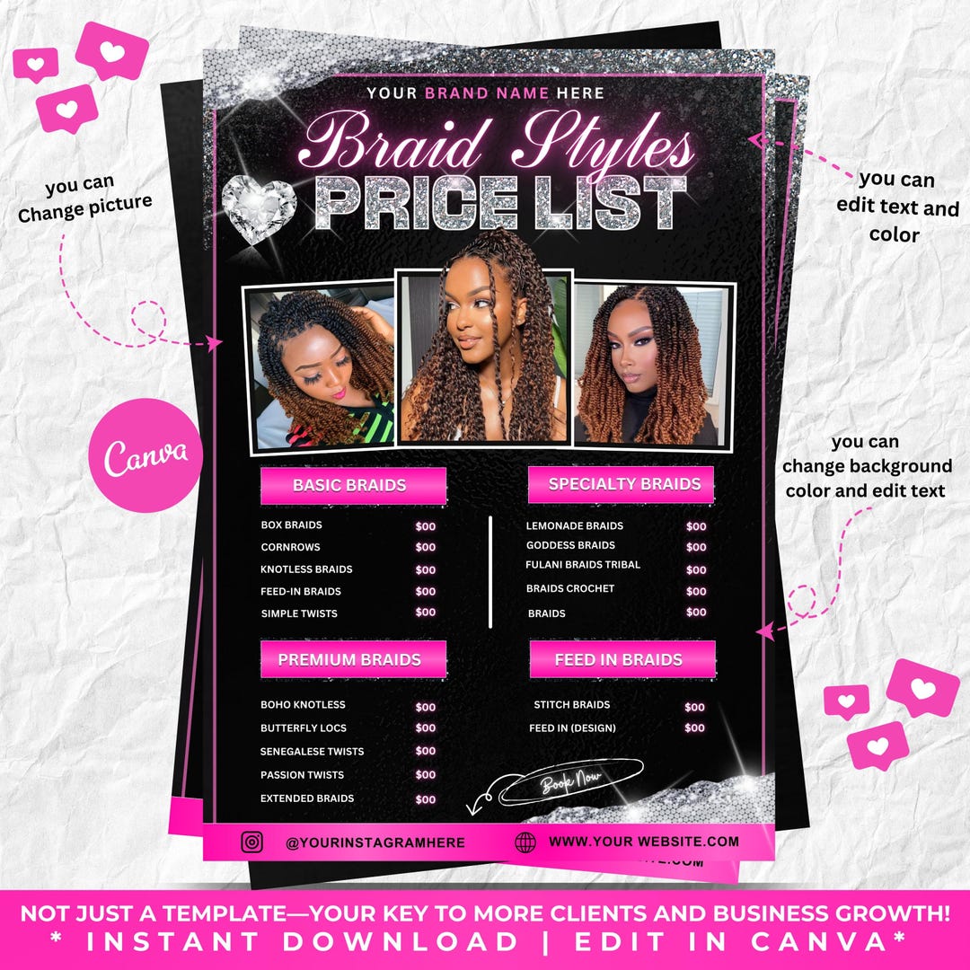 Braids Pricelist, Hair Styles Braiding Price Guide, DIY Flyer Template ...