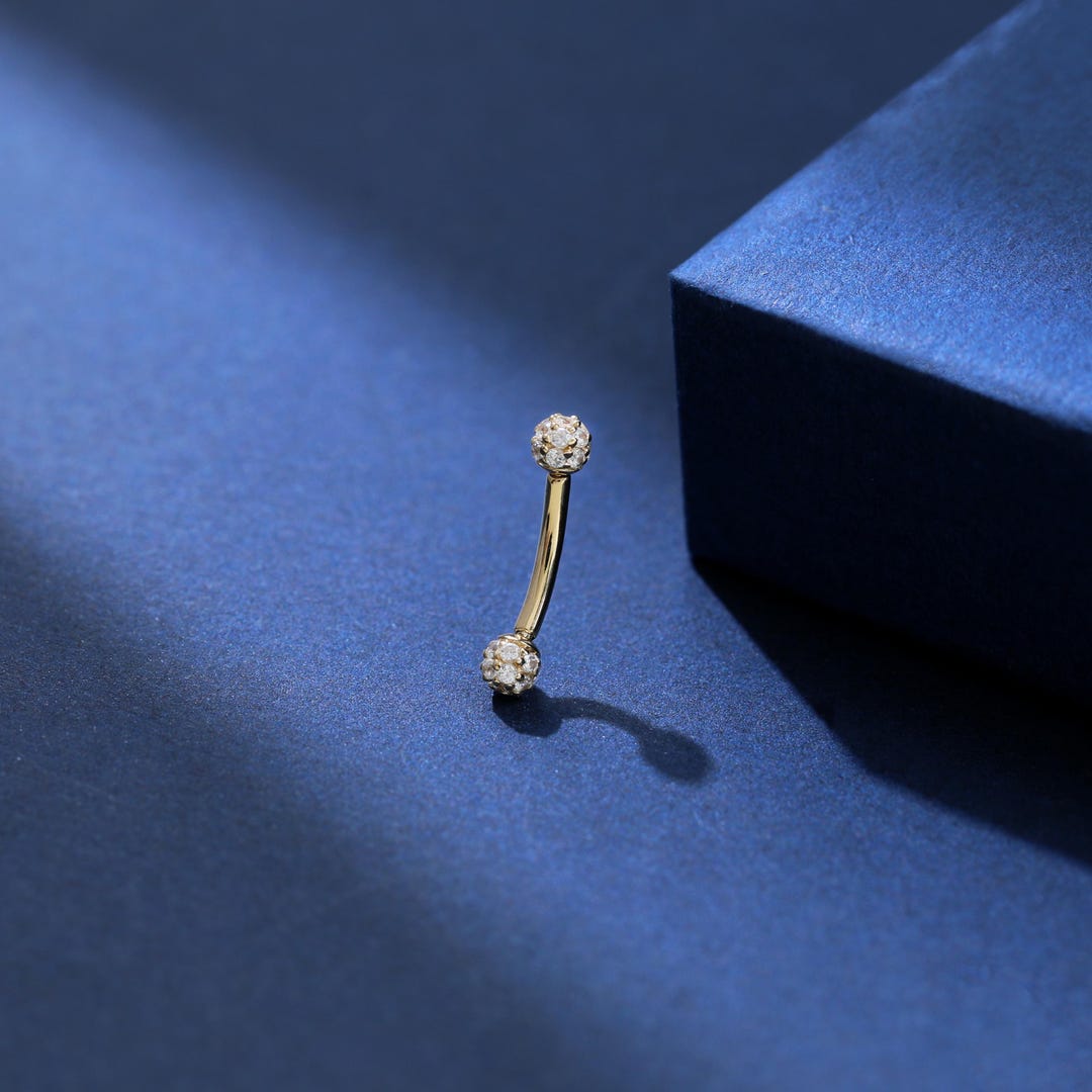 14K Solid Gold Pave Diamond Dual Ball Rook Piercing, Diamond Internally ...