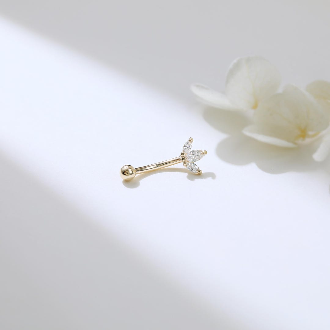 14K Solid Gold Marquise Diamond Curved Rook Piercing, Real Diamond ...