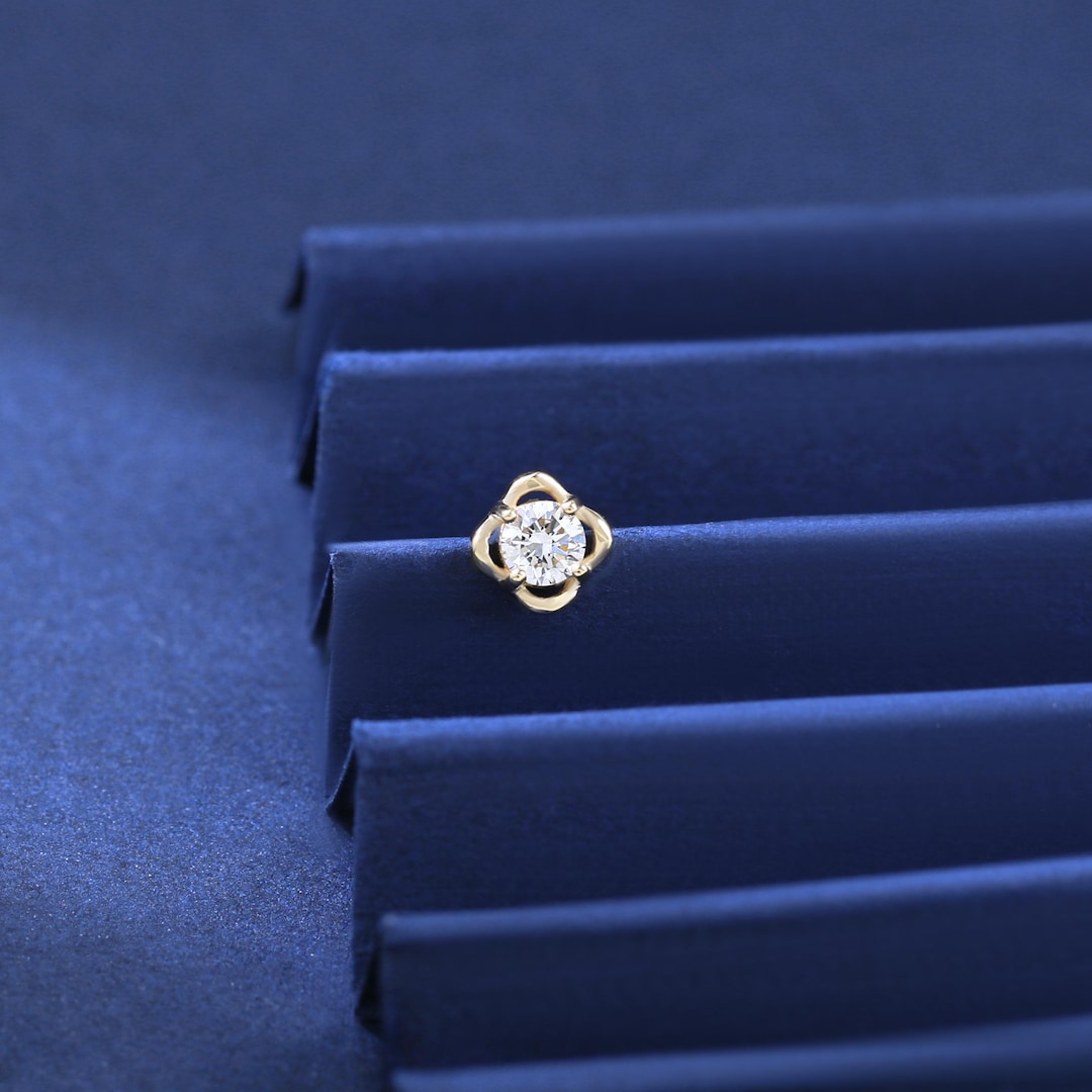 14K Solid Gold Diamond Rose Threaded Flat Back, Diamond Flower ...