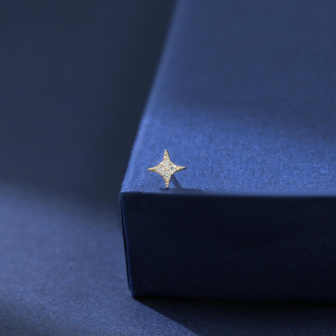 14K Solid Gold Diamond Four-pointed Star Stud, Diamond Star Tragus Nose ...