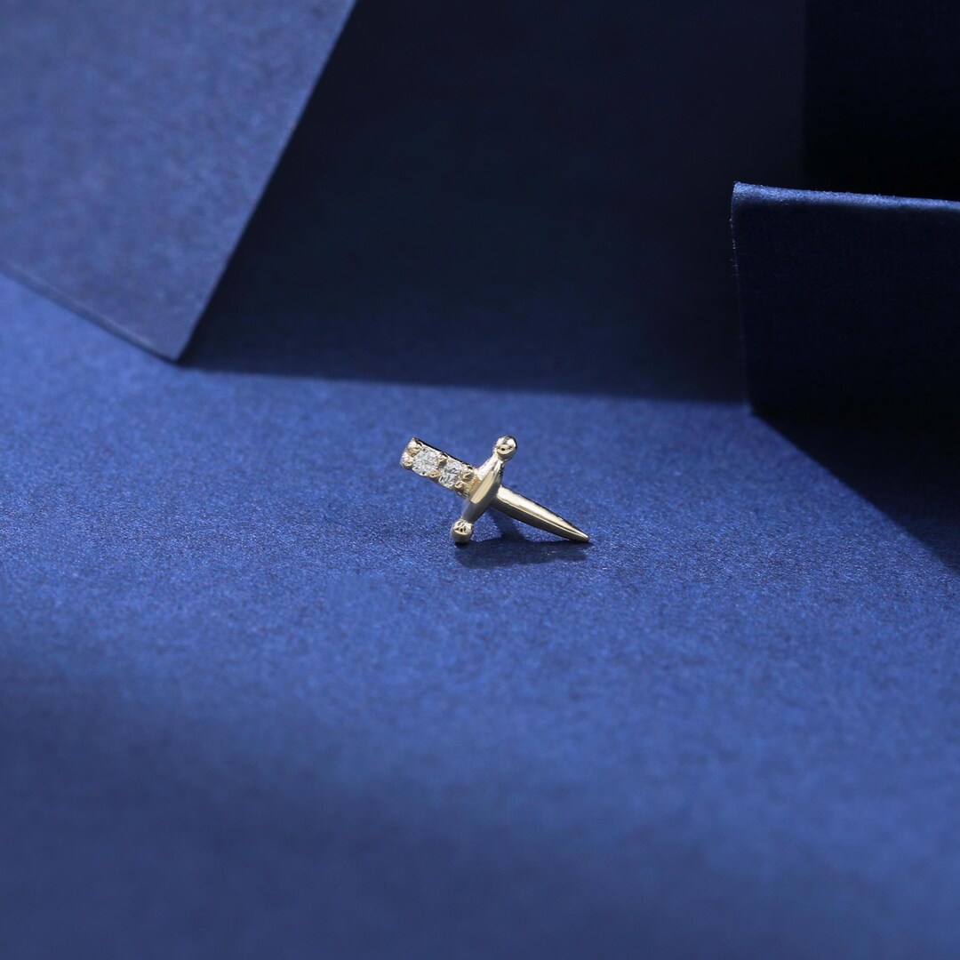 14K Solid Gold Diamond "sword" Shaped Screw Back, Real Diamond Conch ...