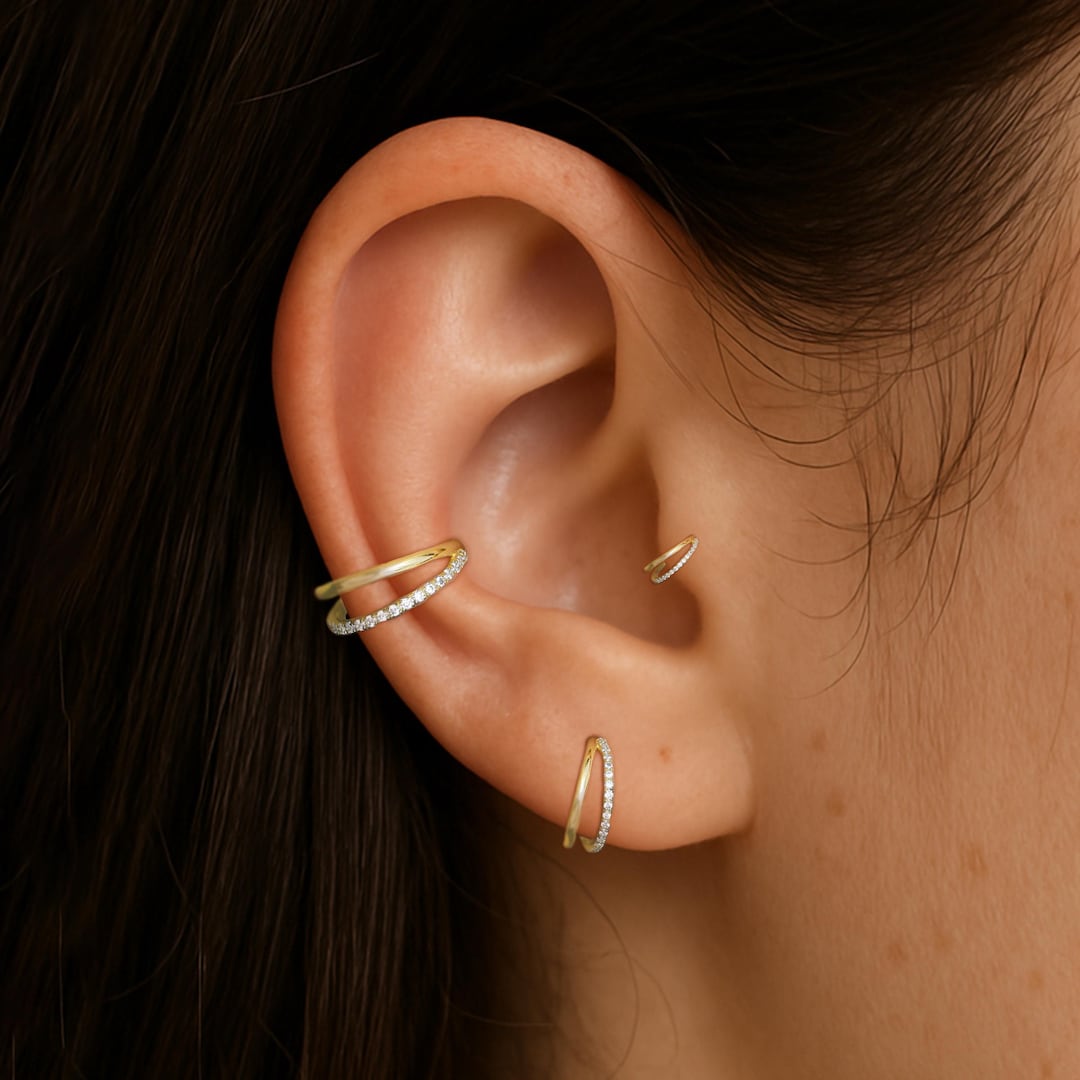 14K Solid Gold Pave Diamond Double Hinged Clicker, 14K Diamond Helix ...