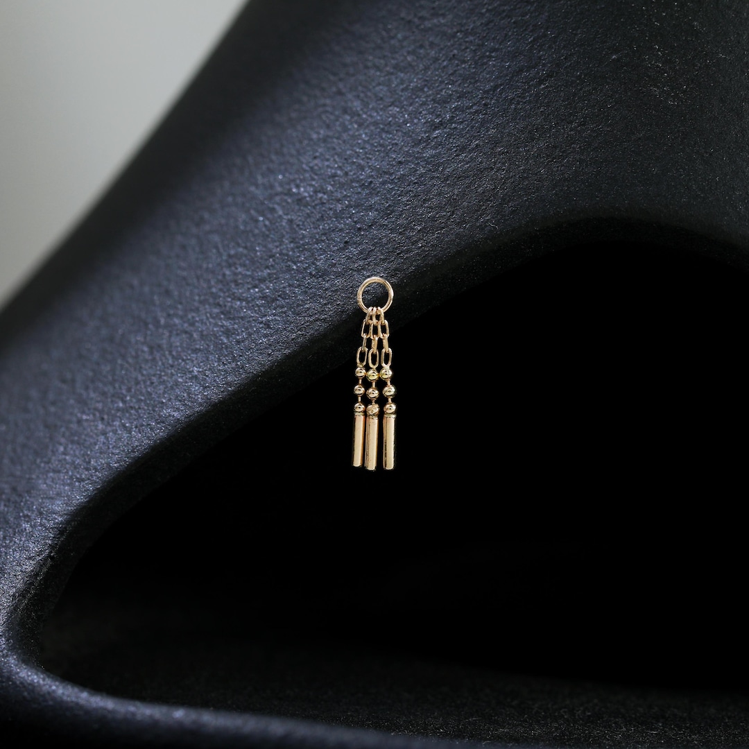 14K Solid Gold Triple Bead & Cable Chain Charm, Dangle Bar Cartilage ...