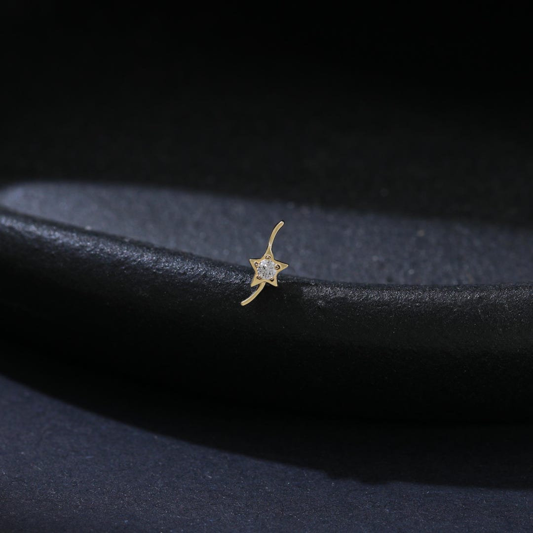 14K Solid Gold Diamond Star Threadless Push Pin, Real Diamond Helix ...