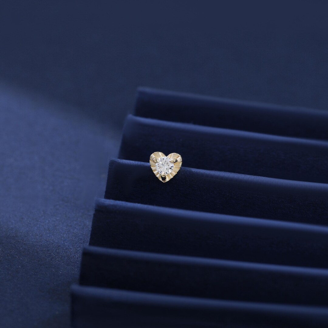 14K Solid Gold Diamond Heart Screw Back Piercing, Gold Heart Cartilage ...