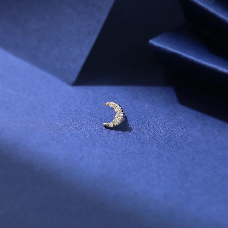 14K Solid Gold Crescent Moon Diamond Stud, Dainty Forward Tragus ...