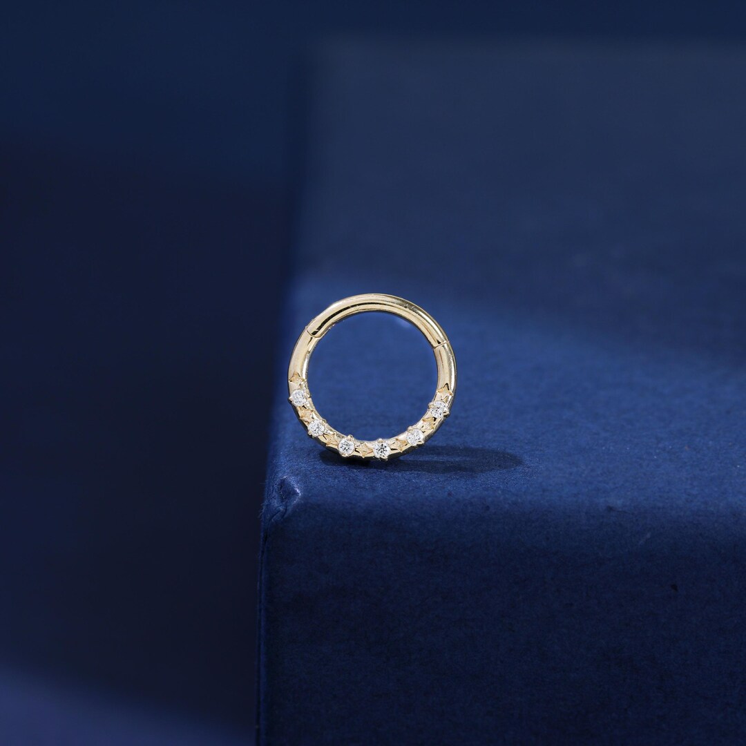 14K Solid Gold Diamond Star Septum Ring Piercing, Real Gold Diamond ...