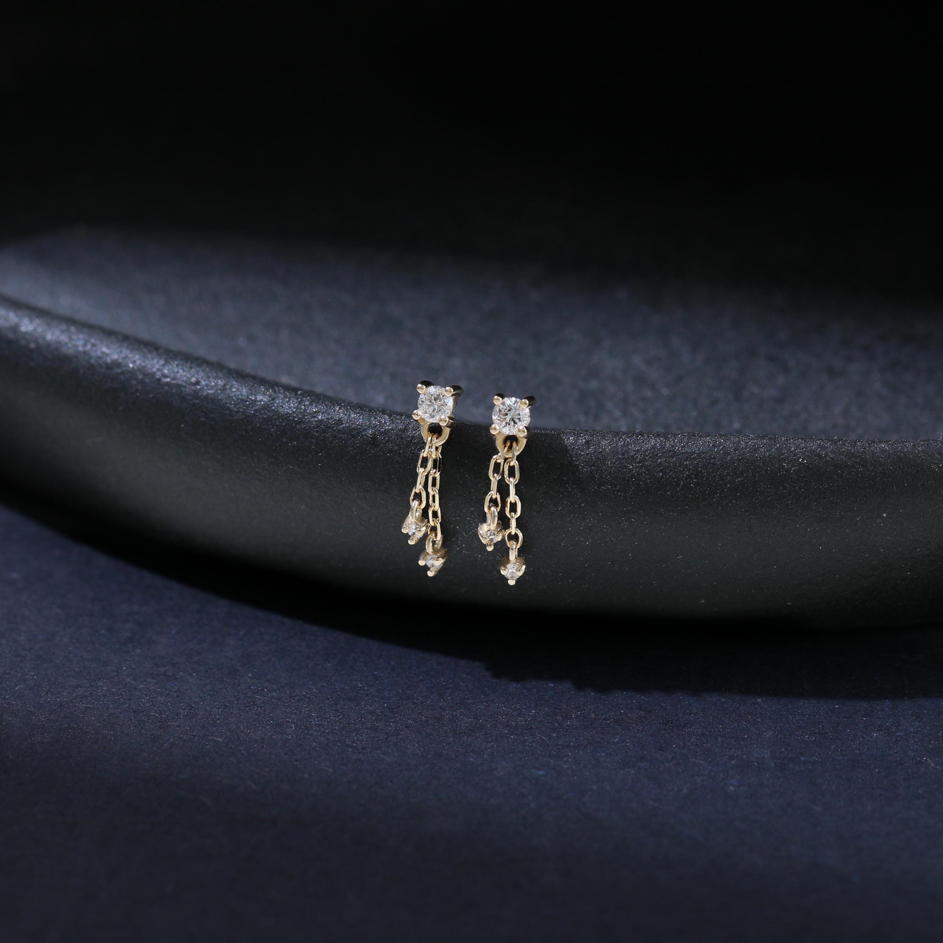 14K Solid Gold Diamond Dangle Internal Threaded, Delicate Double Chain ...