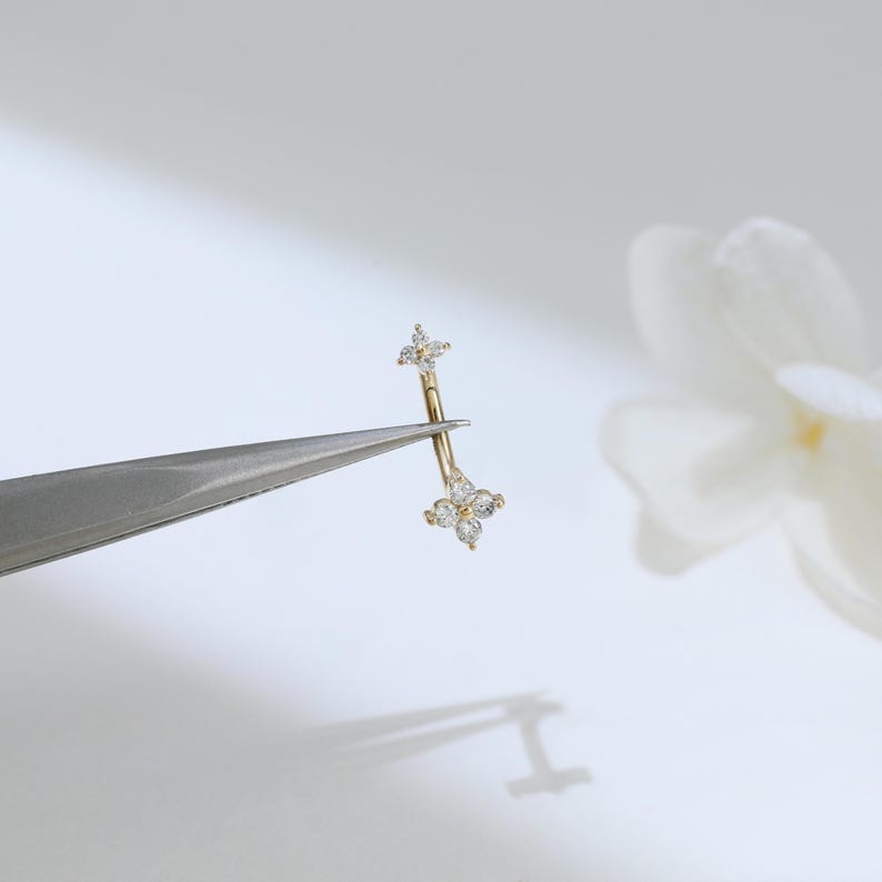14K Solid Gold Diamond Flower Curved Rook Piercing, Double Floral ...