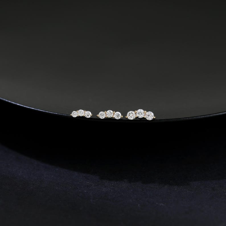 14K Solid Gold Diamond Cartilage Cluster Stud Earring, Triple Diamond ...