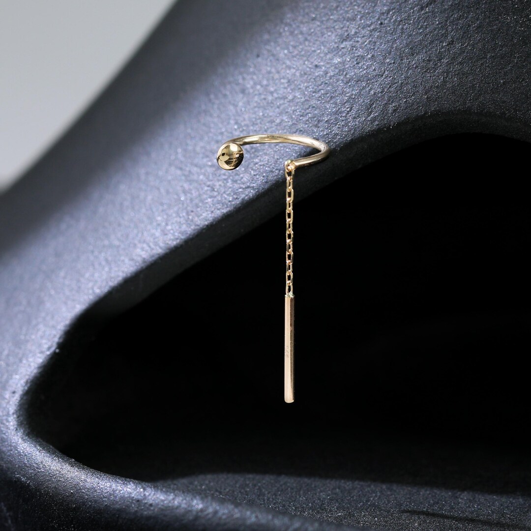 14K Solid Gold Dangle Curved Bar Threader Earring, Dainty Long Chain ...