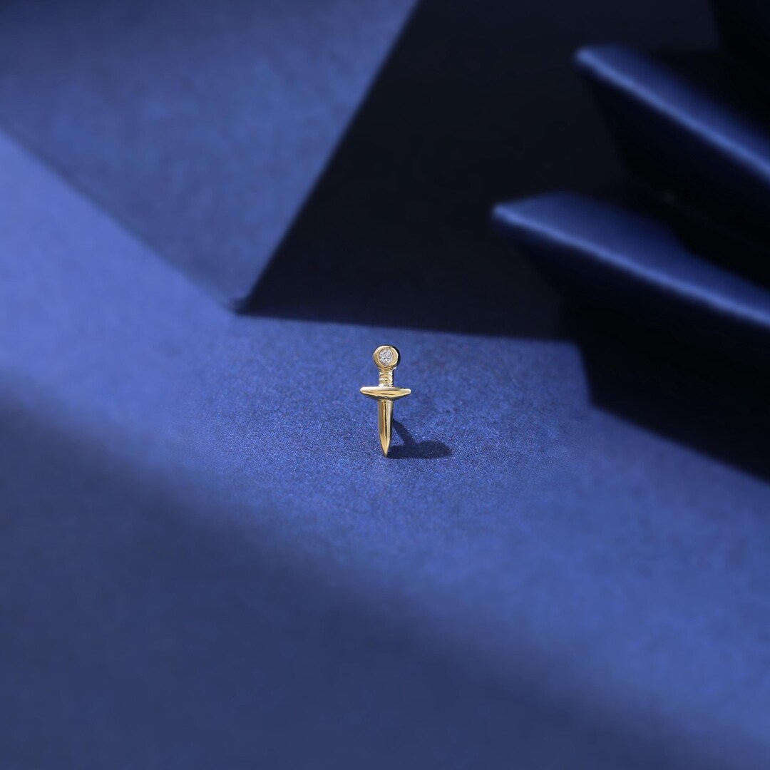 14K Solid Gold "sword" Diamond Internal Threaded Pin, Real Diamond ...