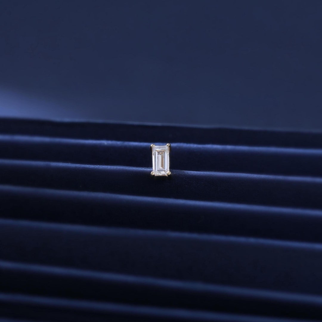 14K Solid Gold Baguette Diamond Threaded Pin Stud, Real Diamond Helix ...