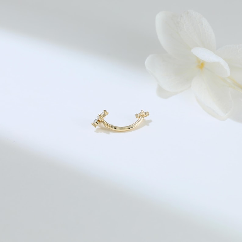 14K Solid Gold Diamond Flower Curved Rook Piercing, Double Floral ...