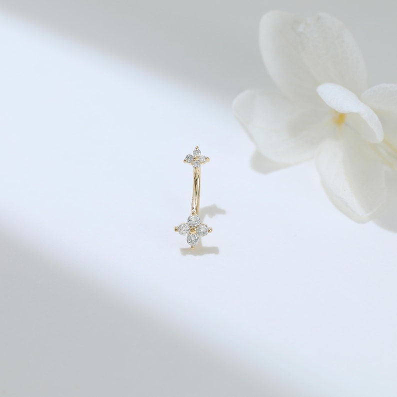 14K Solid Gold Diamond Flower Curved Rook Piercing, Double Floral ...