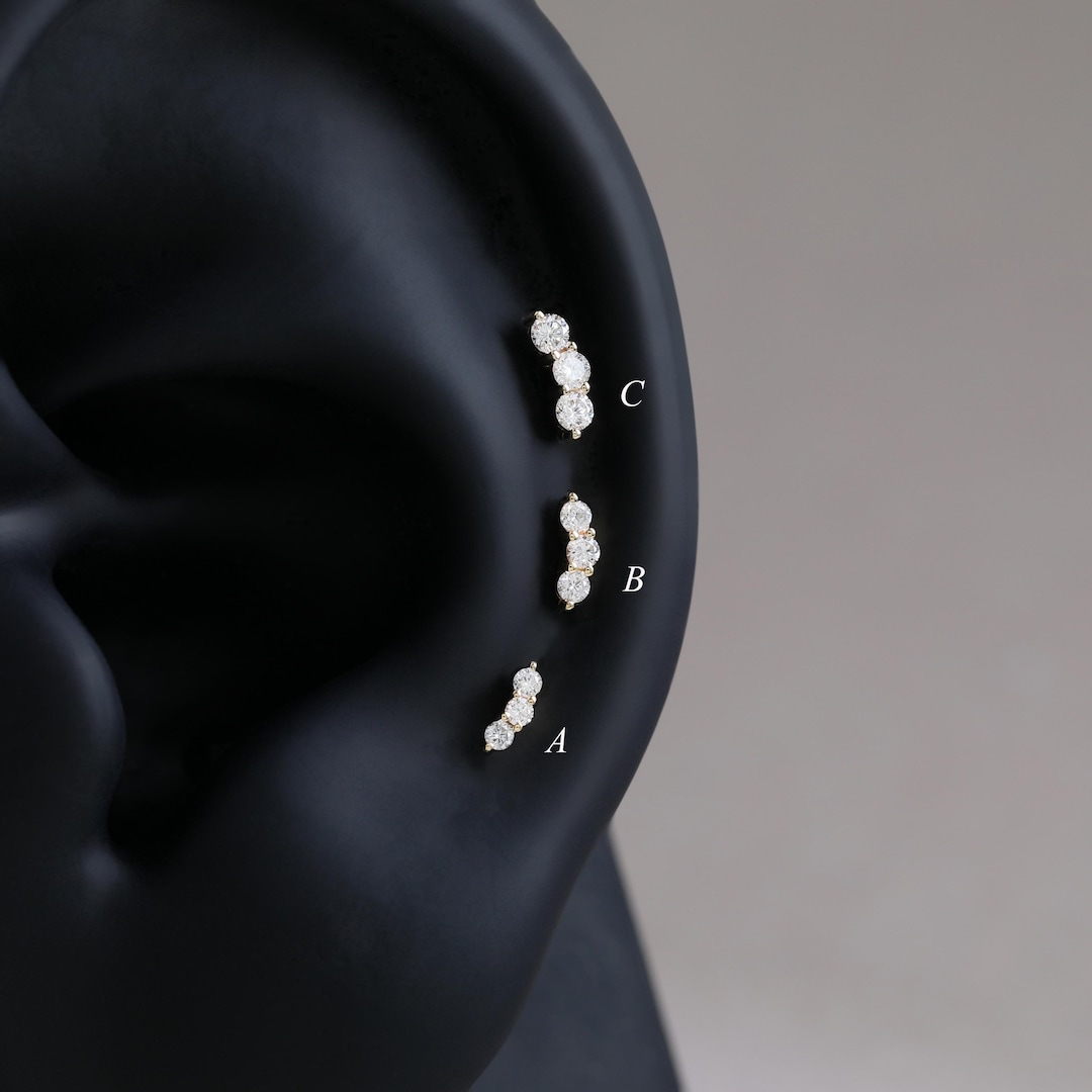 14K Solid Gold Diamond Cartilage Cluster Stud Earring, Triple Diamond ...