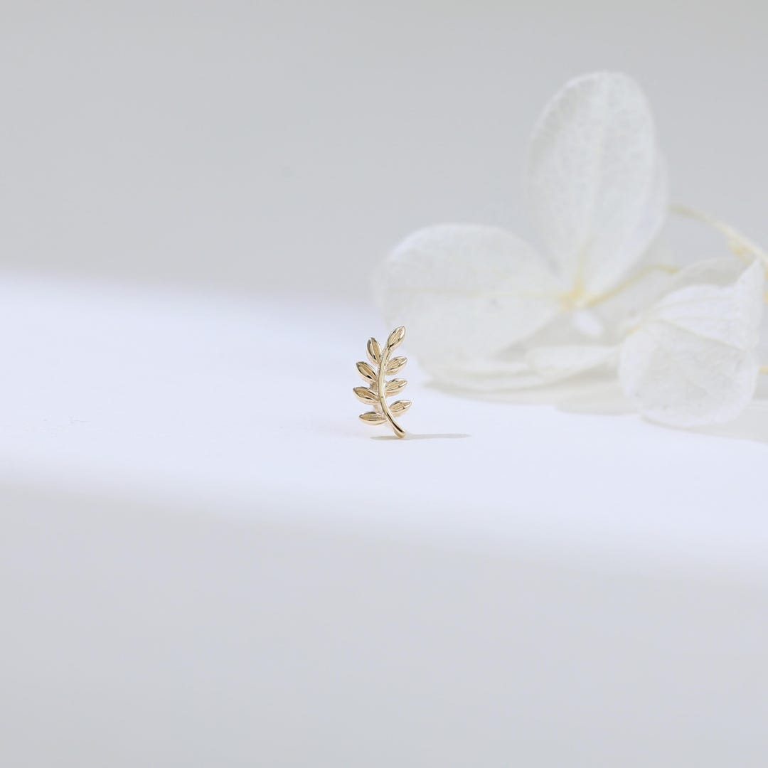 14K Solid Gold Leaf Helix Stud Earring, Delicate Plant Internally ...