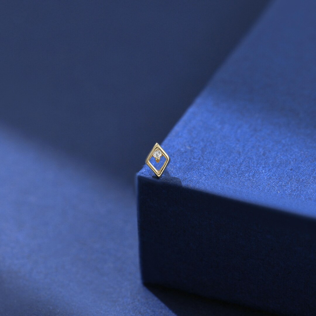 14K Solid Gold Diamond Rhombic Screw Back Stud, 14K Gold Diamond ...