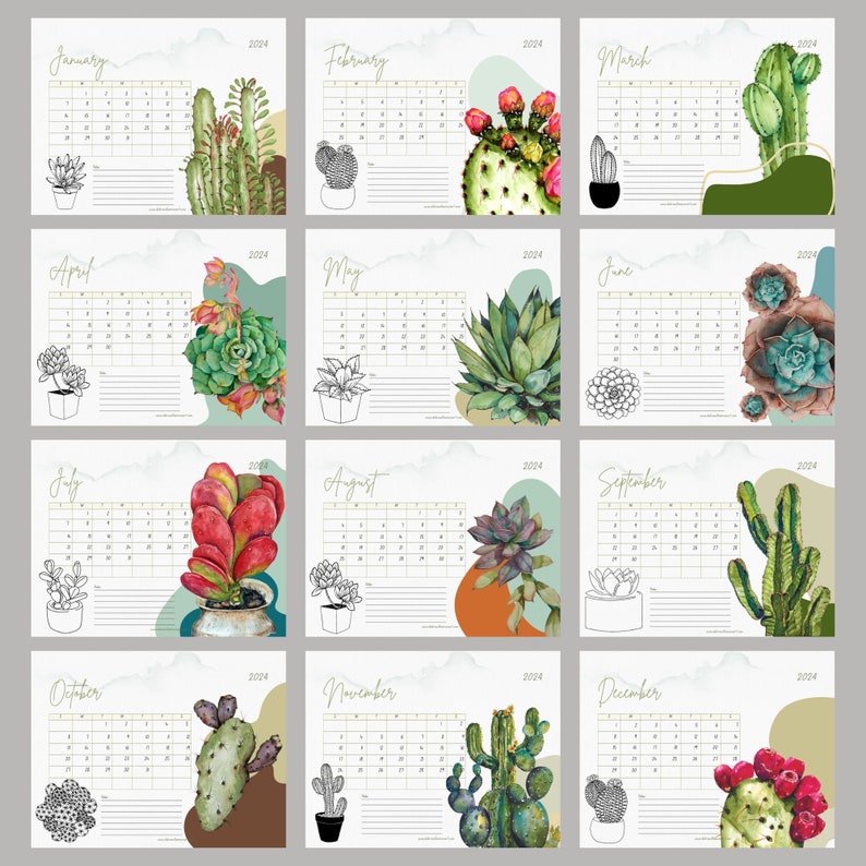 Printable Calendar for 2024, Desert Botanical, Twelve Month Calendar ...