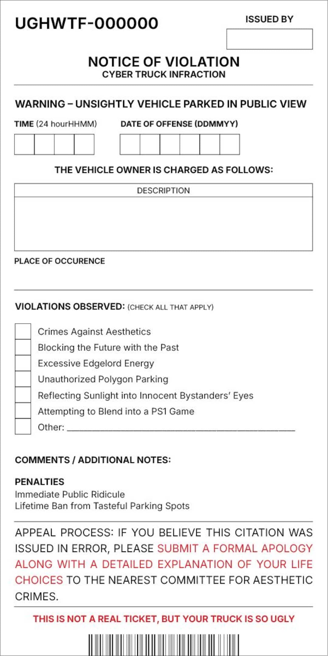 Ugly Truck Violation Ticket – Printable Fake Parking Citation, Funny ...