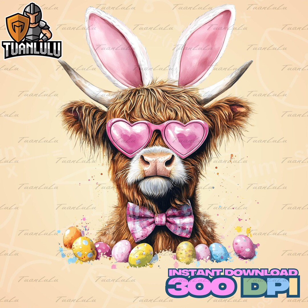 Easter Day Highland Cow PNG, Cute Cow Png, Retro Easter Png, Happy ...