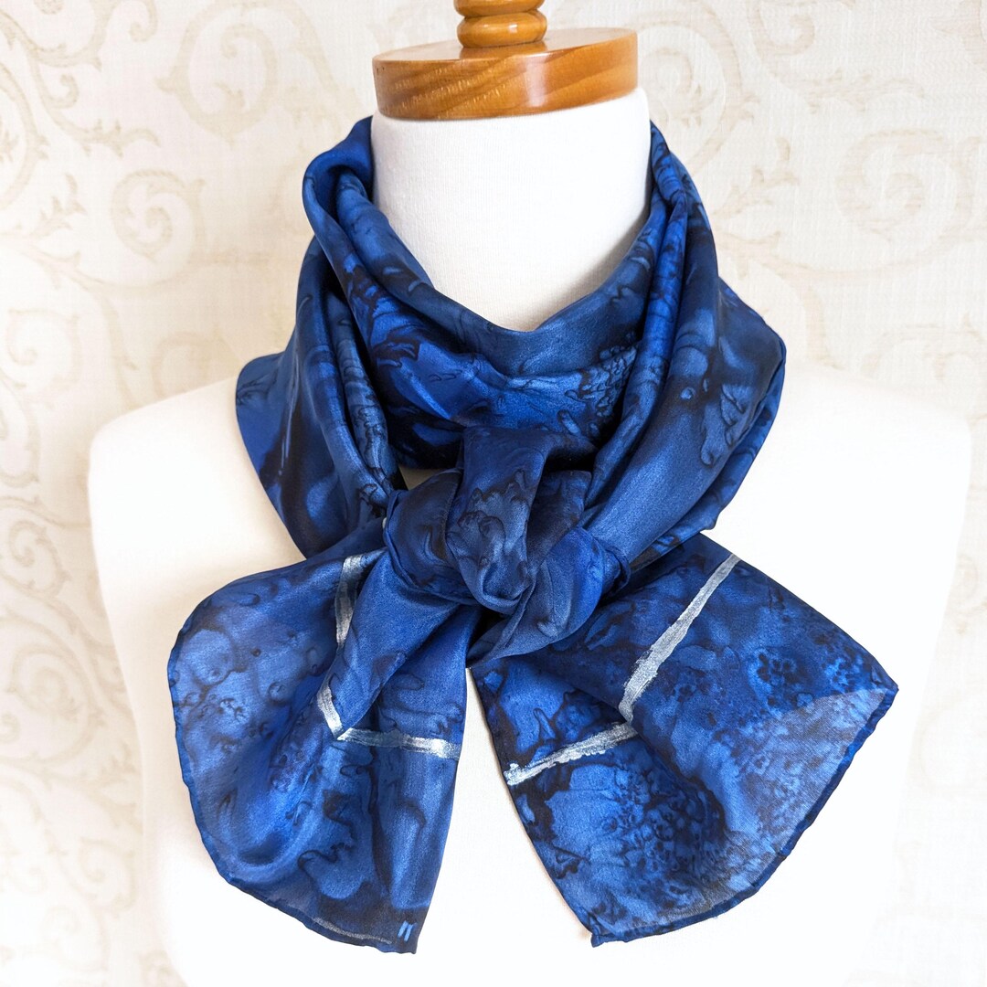 Hand-dyed Silk Scarf in Denim Blues With Silver Stripes - Etsy
