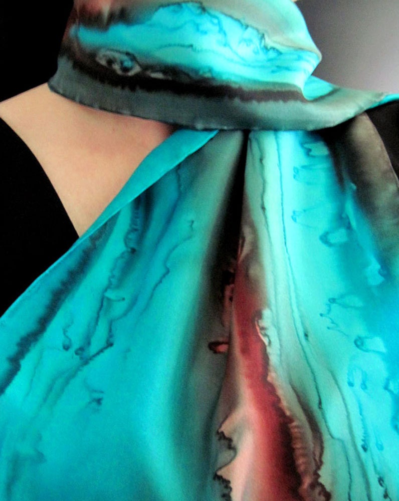 Silk Scarf Hand-painted in Aqua, Jade and Brown - Etsy