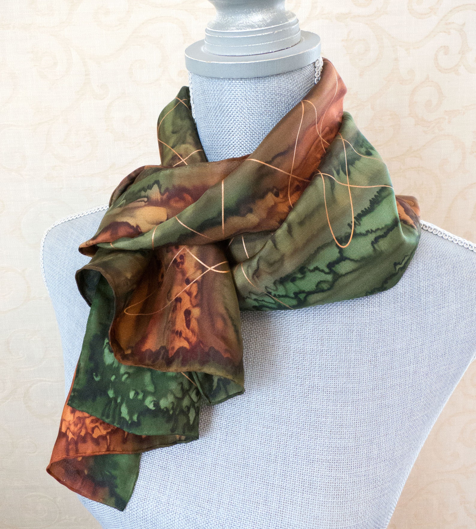 Silk Scarf Hand Painted in Olive and Copper Brown With Gold - Etsy