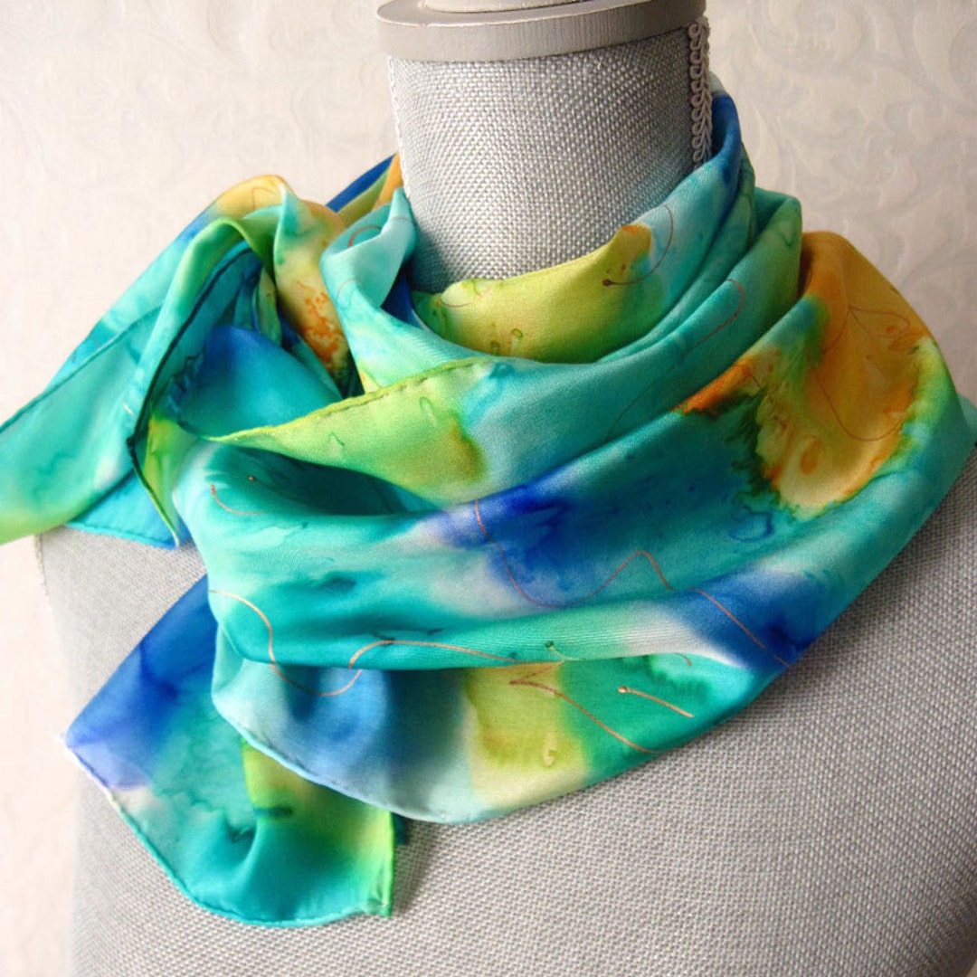 Silk Scarf Hand-painted in Aqua Blue Spring Floral - Etsy