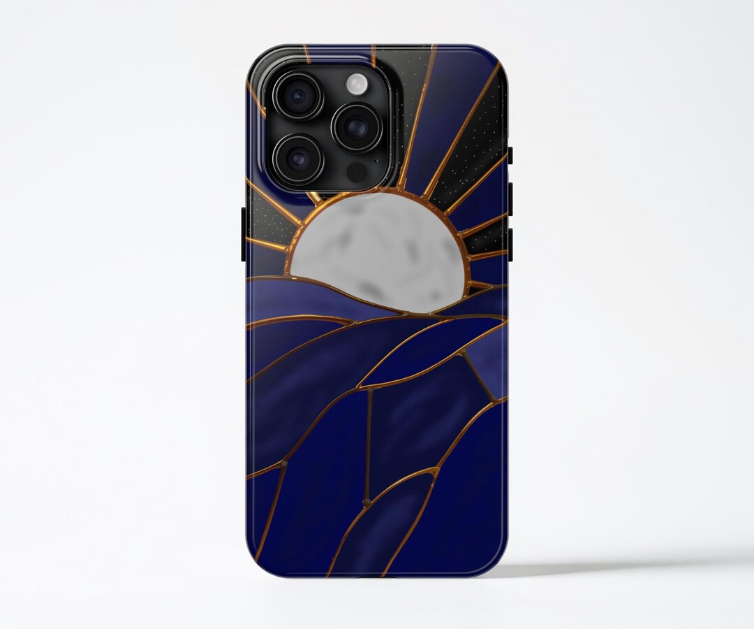 Celestial Full Moon Waves Golden Rays Starry Night Stained Glass Case ...
