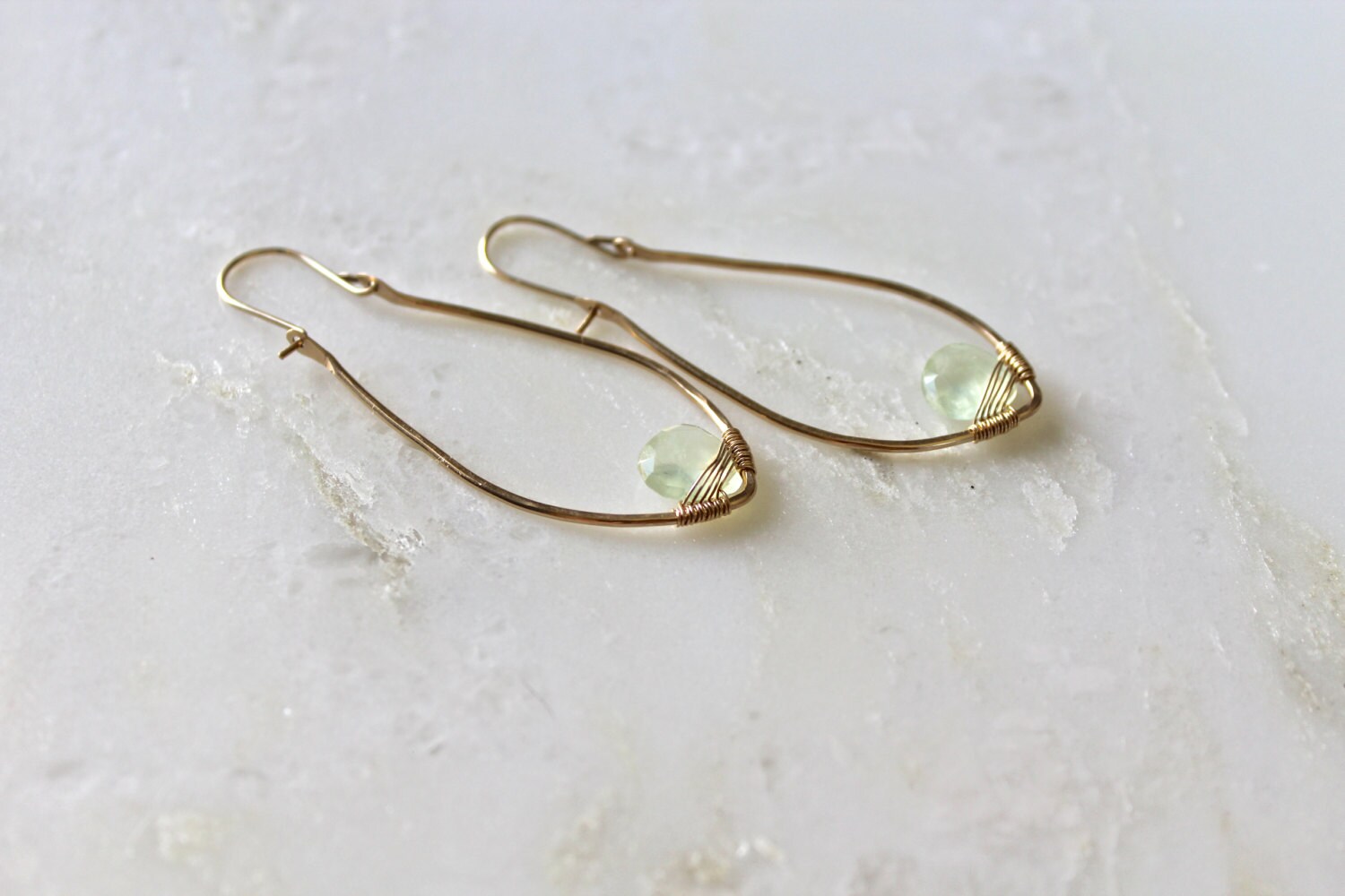 Long Hammered Gold Hoops With Woven Teardrop Gemstones, Hinge Hook ...