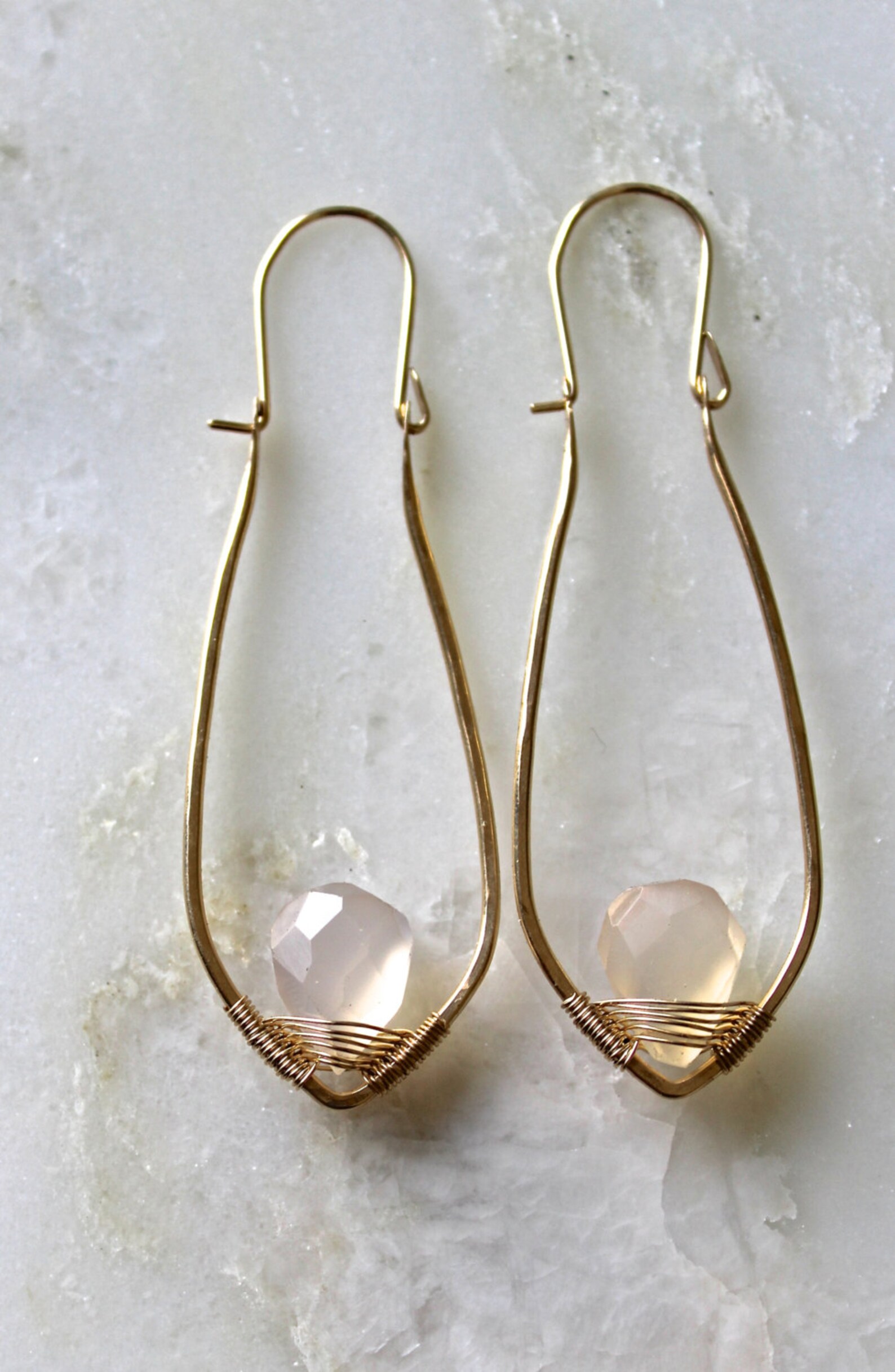 Long Hammered Gold Hoops With Woven Teardrop Gemstones, Hinge Hook ...