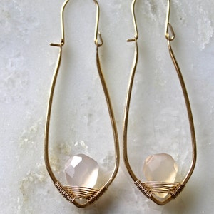 Long Hammered Gold Hoops With Woven Teardrop Gemstones, Hinge Hook ...