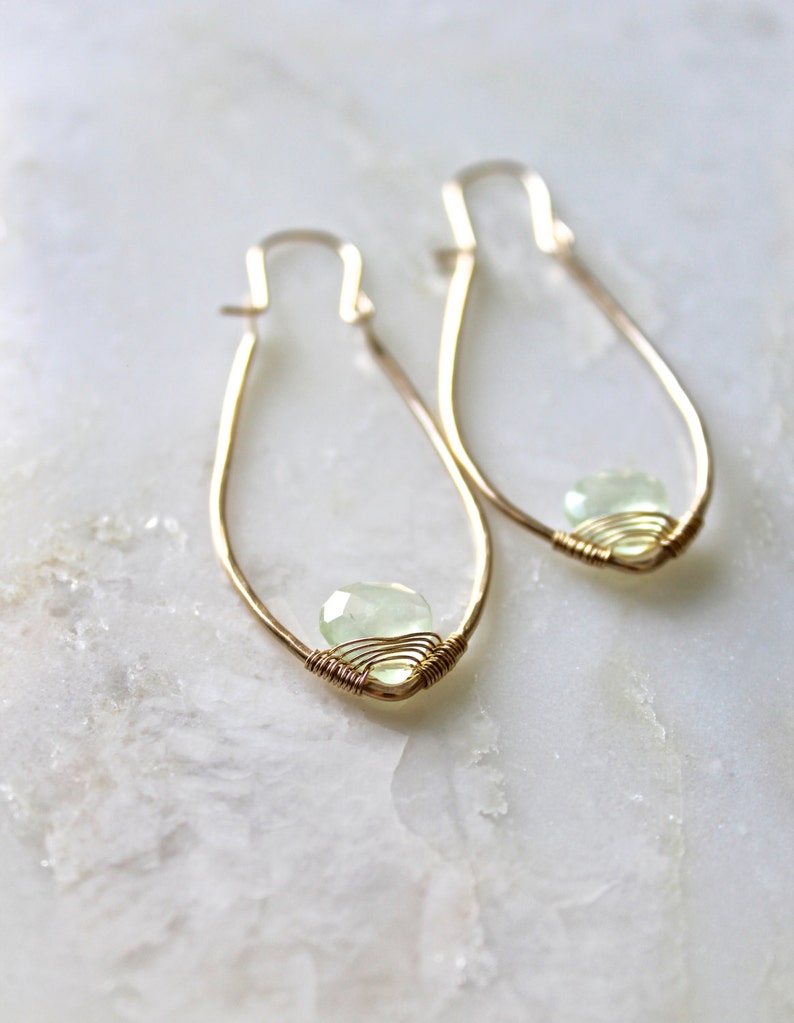 Long Hammered Gold Hoops With Woven Teardrop Gemstones, Hinge Hook ...