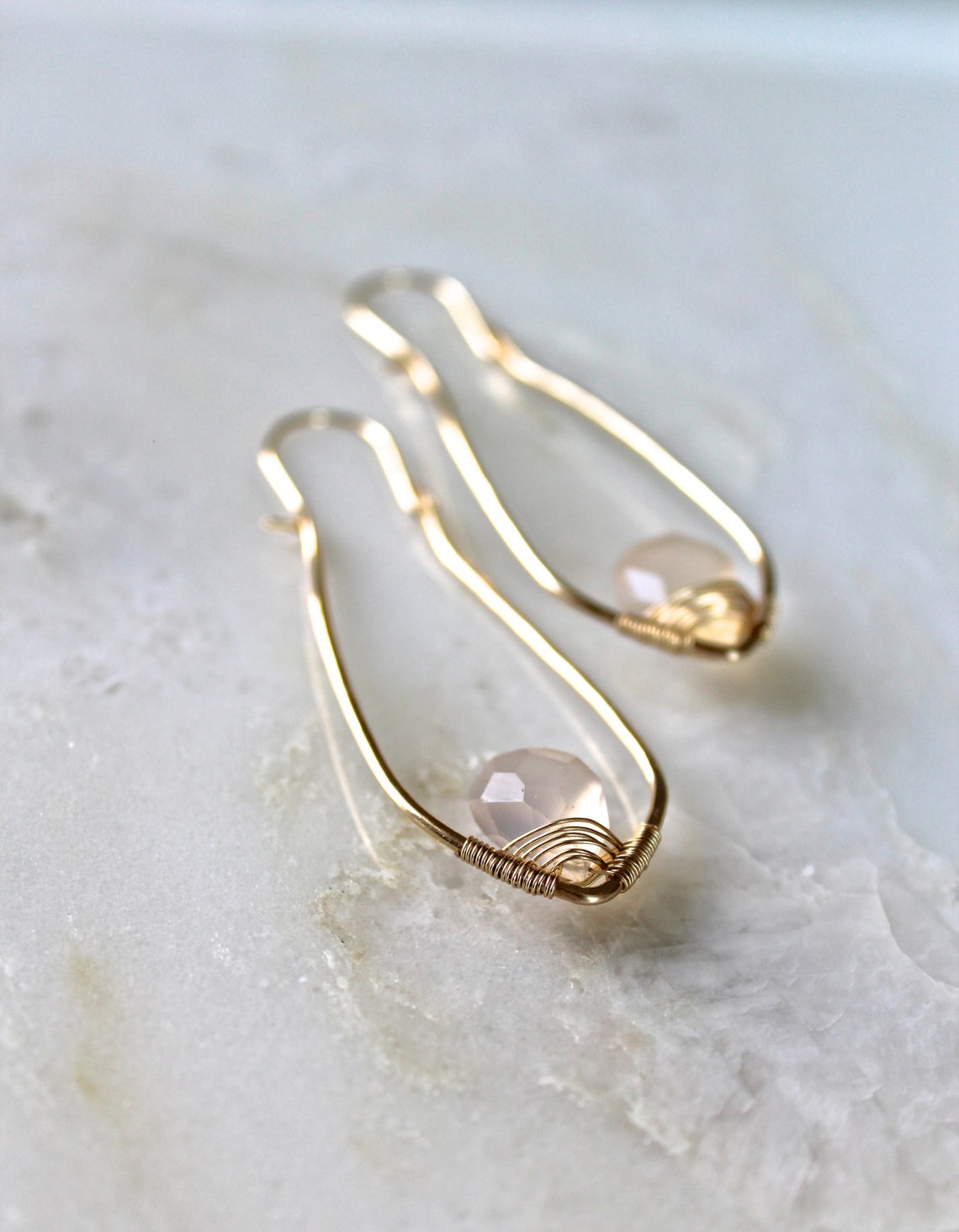 Long Hammered Gold Hoops With Woven Teardrop Gemstones, Hinge Hook ...