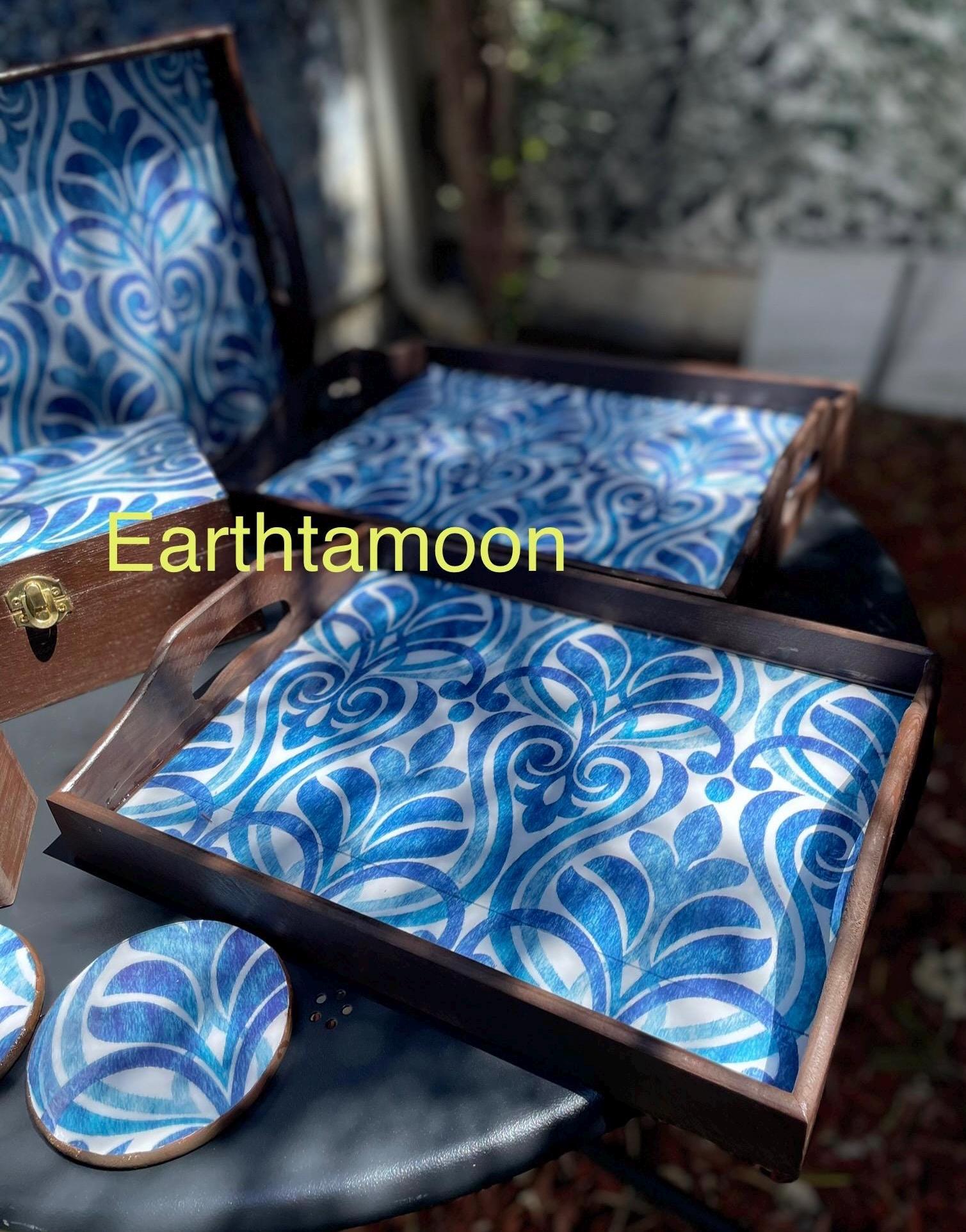 Wood Tray, Cheeseboard, Resin Wood Tray, Resin Tray, Blue Damask Tray ...