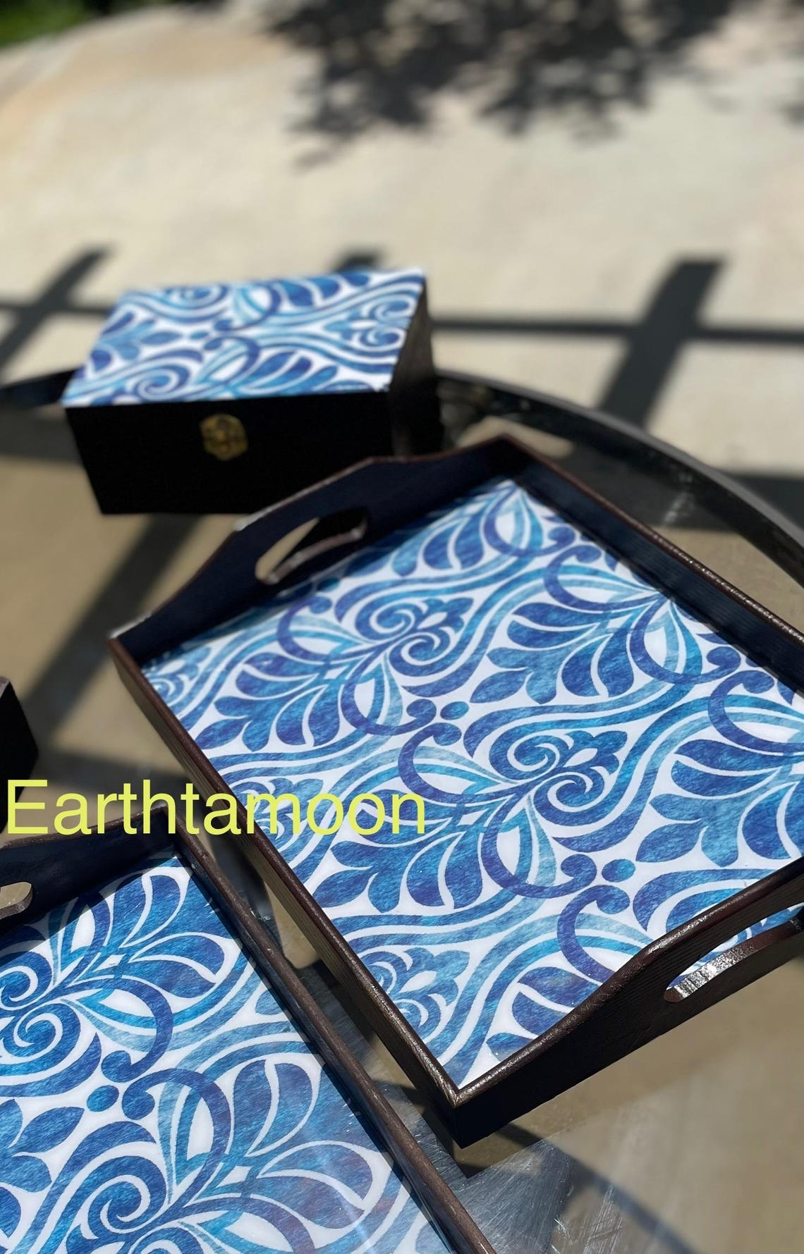 Wood Tray, Cheeseboard, Resin Wood Tray, Resin Tray, Blue Damask Tray ...