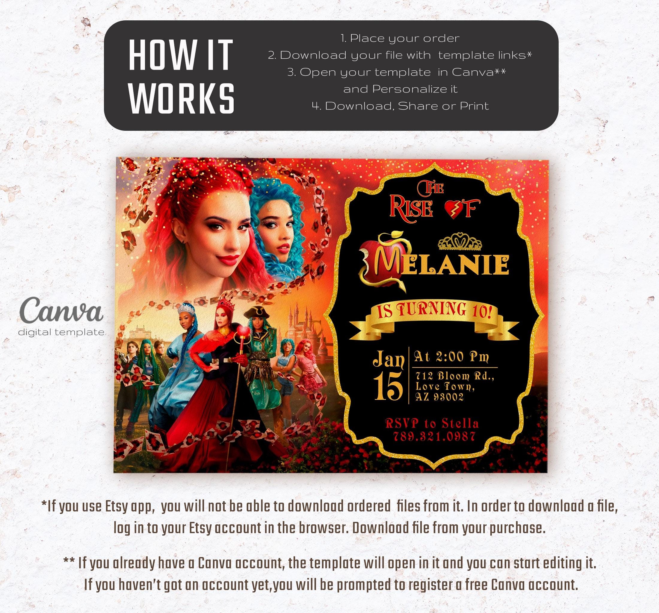 Descendants Rise of Red Invitation, Printable Editable Birthday Invite ...