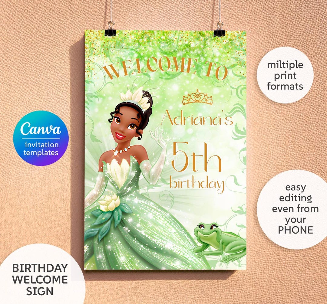 Tiana Welcome Sign Template, Printable Birthday Party Princess Frog ...