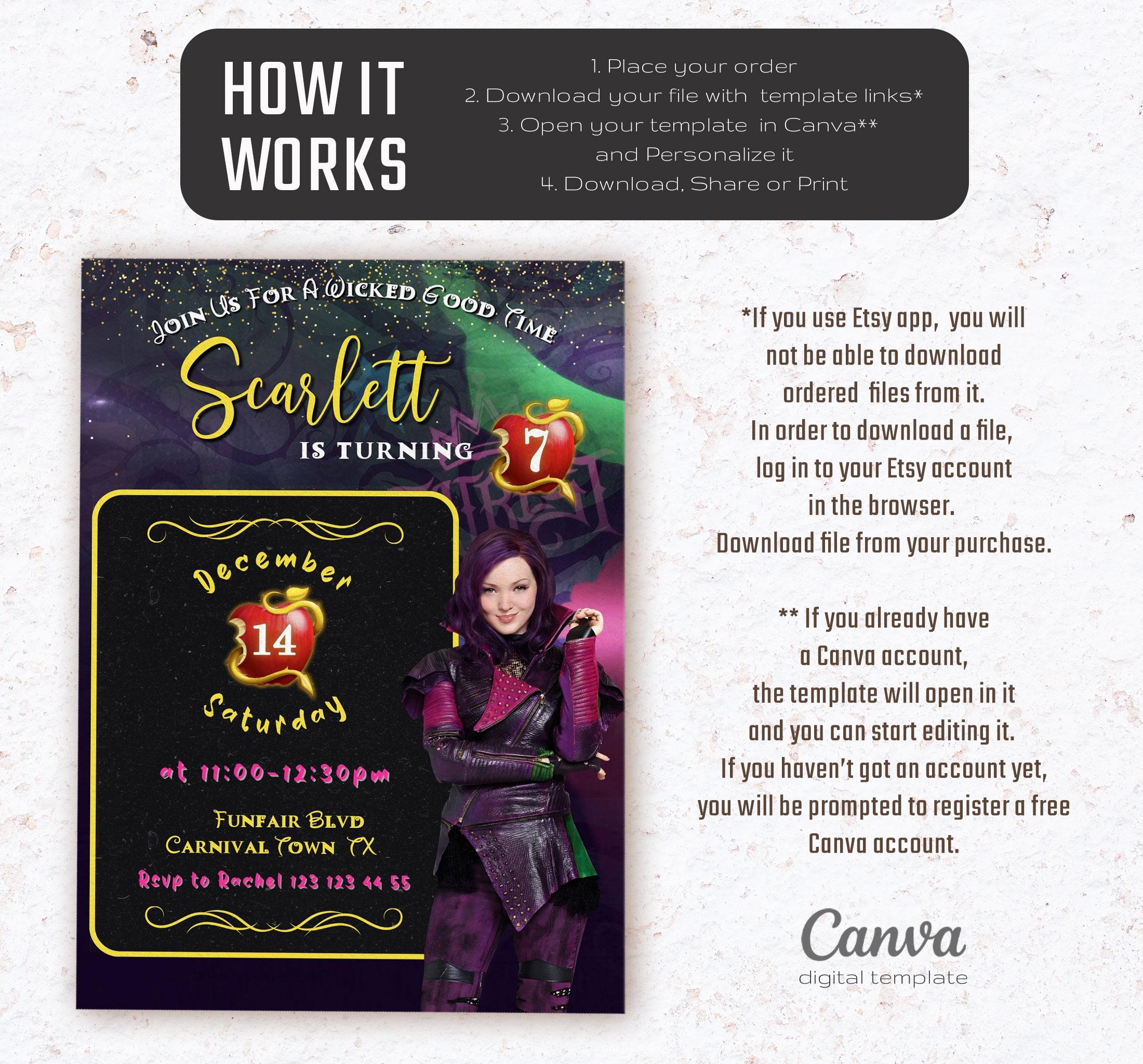 Descendants Invitation, Printable Editable Descendants Birthday Invite ...